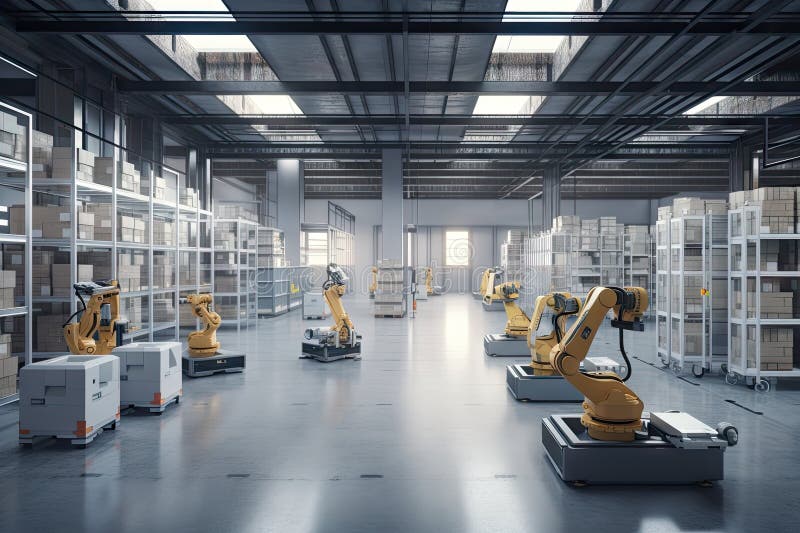 Industrial Warehouse, with Robots Working in Unison To Sort and Pack ...