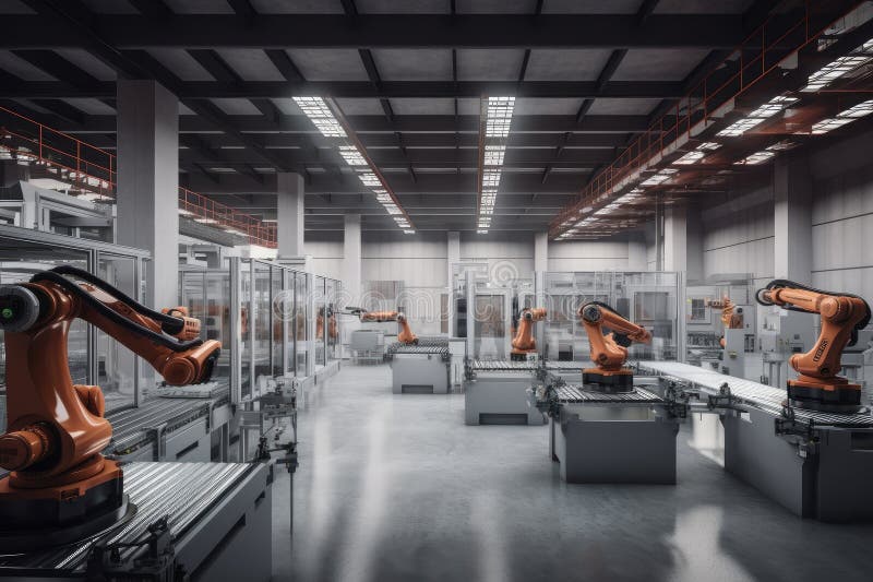 Industrial Warehouse, with Robots Working in Unison To Sort and Pack ...