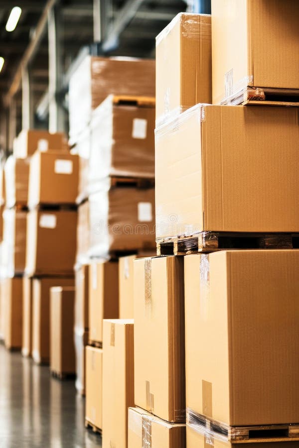 Industrial Warehouse, Several Pallets with Large Stacked Cardboard ...