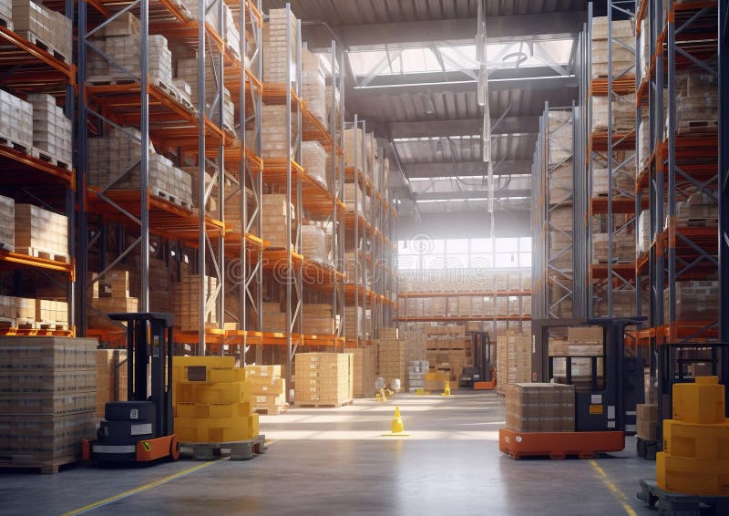 Industrial Warehouse with Shelves Full of Goods and Forklift.Macro.AI ...