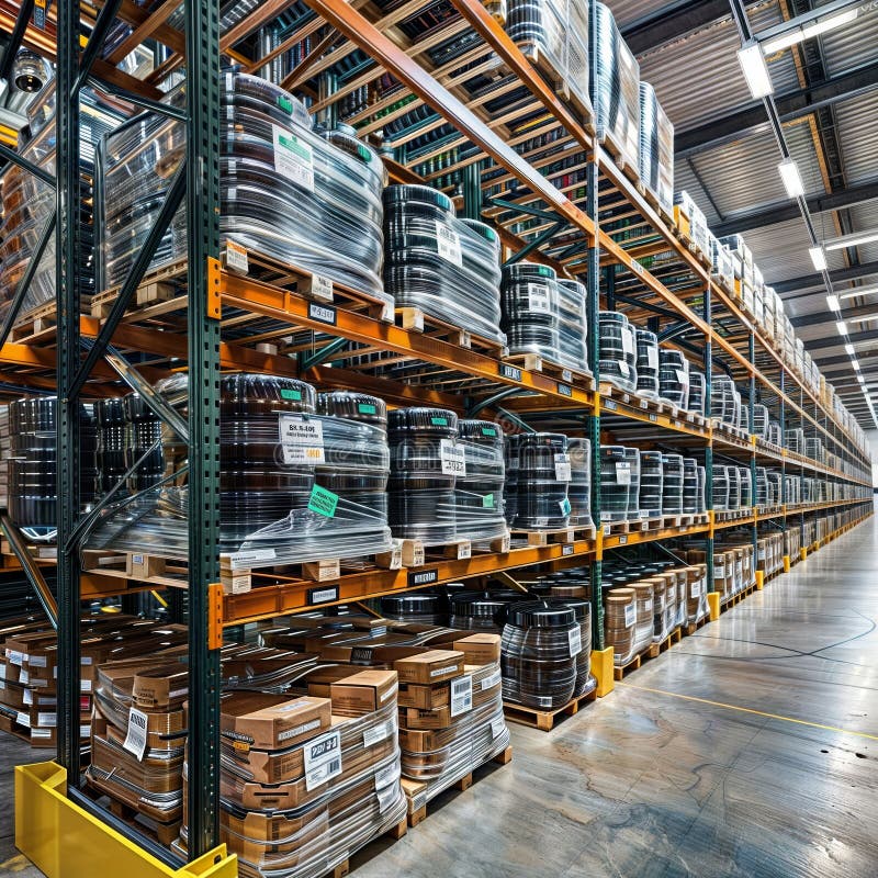 Industrial Warehouse with Shelves of Large Cable Reels, Highlighting ...