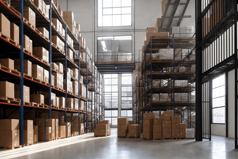 Industrial Warehouse, Shelving with Boxes. Generative AI Stock ...