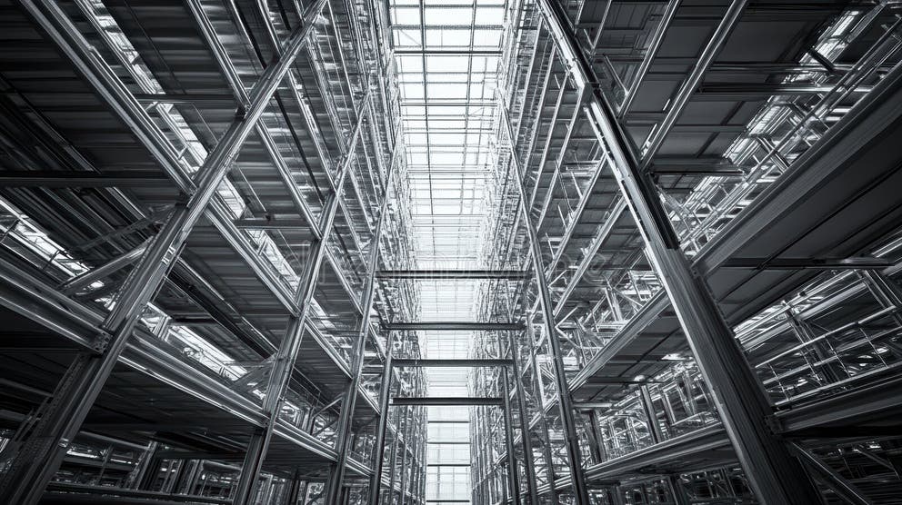 Industrial Warehouse Shelving Structure with High Ceilings and Bright ...
