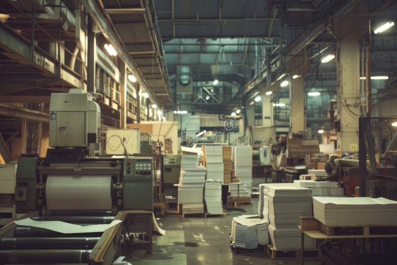 Industrial Printing Press Warehouse with Stacks of Paper for Large ... Industrial Printing Press Warehouse with Stacks of Paper for Large ...