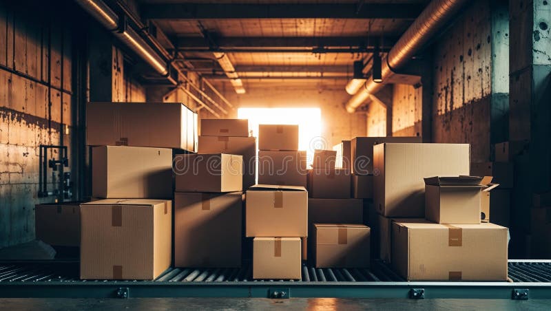 Industrial Warehouse Showcasing Stacked Cardboard Boxes on Conveyor Belt Under Warm Lighting ...