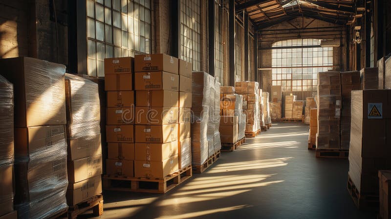 Industrial Warehouse with Stacks of Cardboard Boxes on Wooden Pallets ...