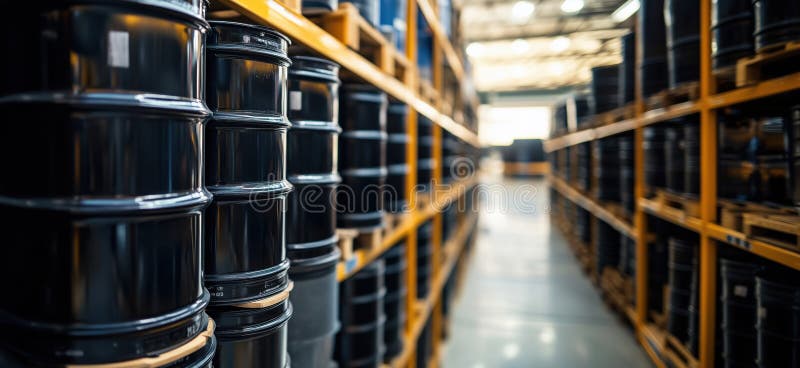 Industrial Warehouse Storage with Stacked Black Barrels on Shelves ...