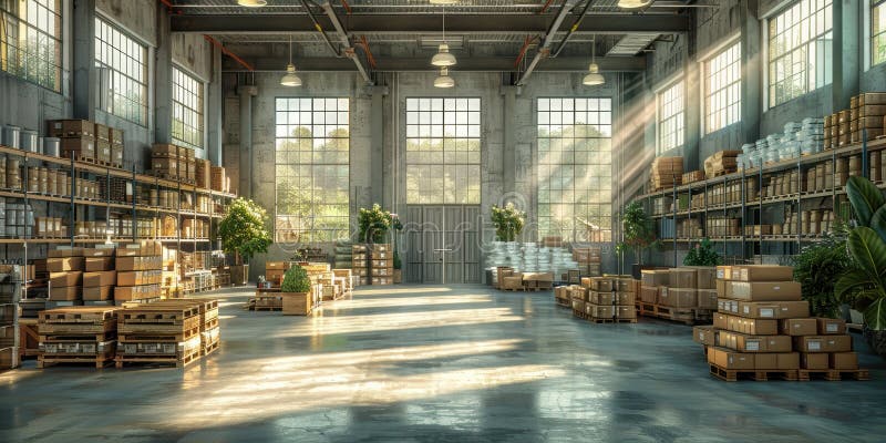 Industrial Warehouse with Sunlight Streaming through Windows. Created ...