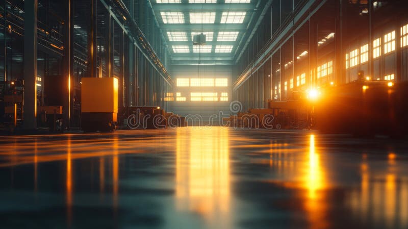 Industrial Warehouse Sunset Golden Light Machines Stock Illustration ...