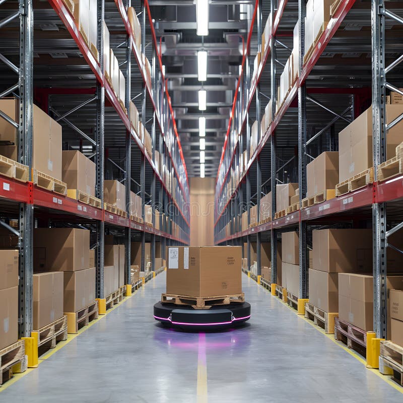 Industrial Warehouse, Tall Racks, Robotic Vehicles, Modern Logistics ...