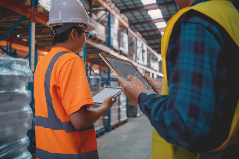 Industrial Warehouse Team Engineer or Worker Man Looking Laptop and ...