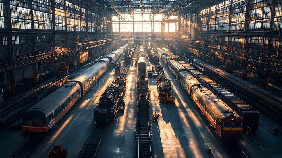 Industrial Warehouse with Trains at Sunset Stock Photo - Image of ...