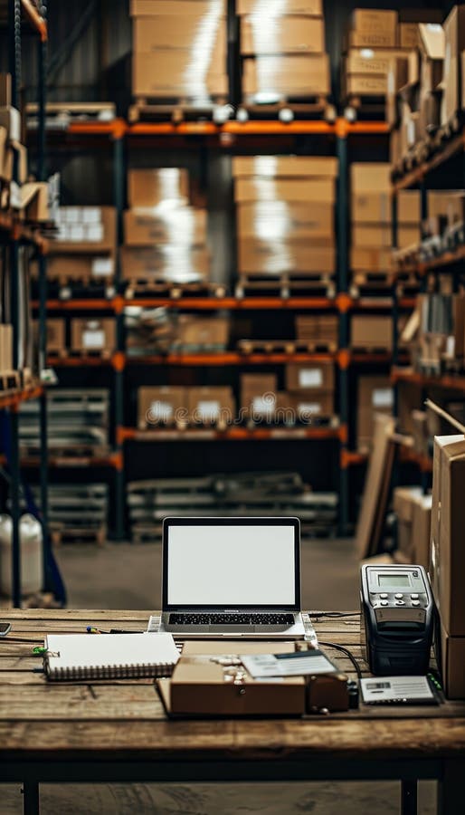 Industrial Warehouse Workspace with Wooden Table, Laptop, and Essential ...