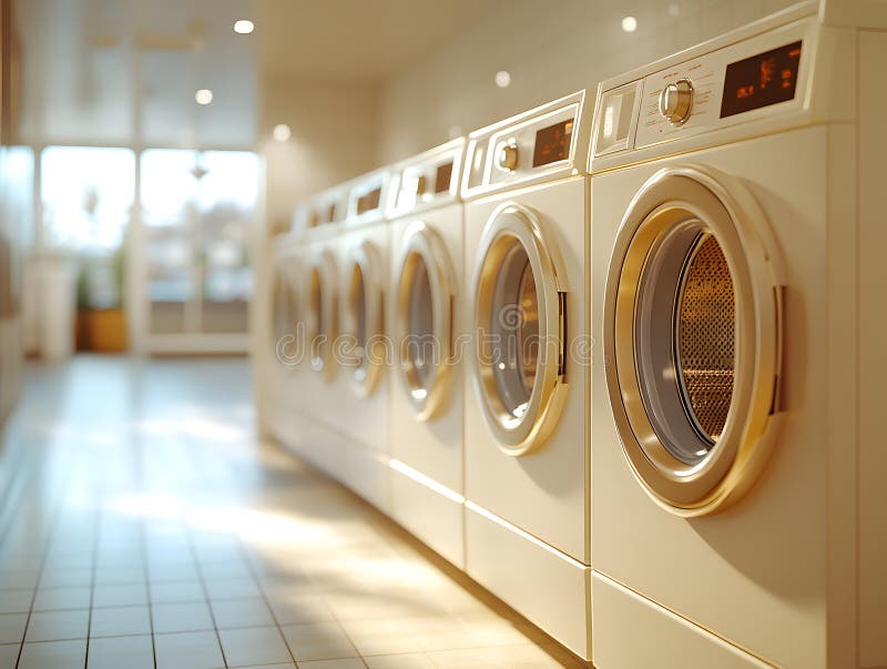 Industrial Washing Machines in a Public Launderette with Copy Space ...