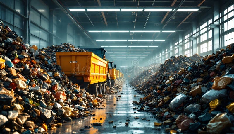 Industrial Waste Recycling Facility Interior with Yellow Dump Trucks ...