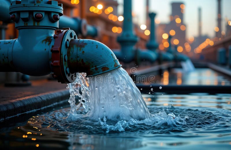 Industrial Water Pipeline Leak at Night. Water Gushes Out from Broken ... Industrial Water Pipeline Leak at Night. Water Gushes Out from Broken ...