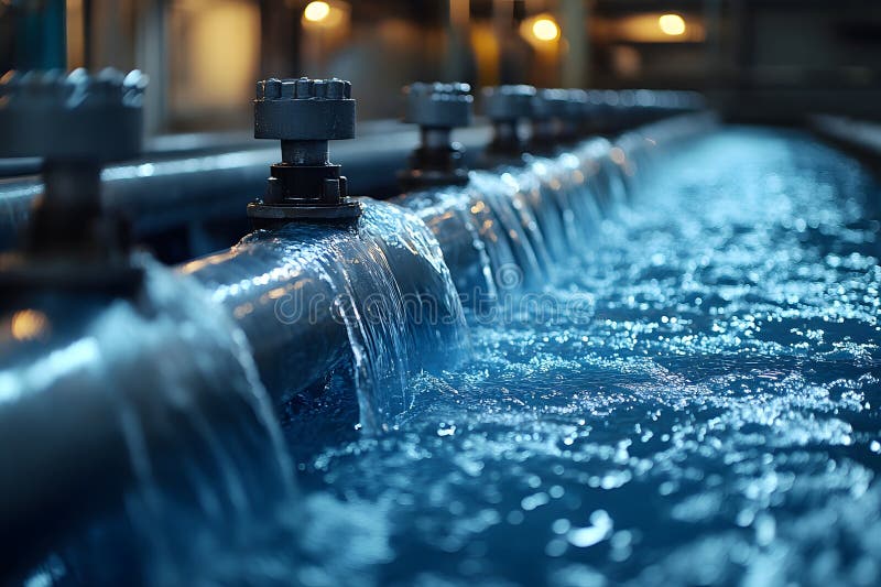 Industrial Water Processing Facility with Flowing Pipes in Modern Blue ...