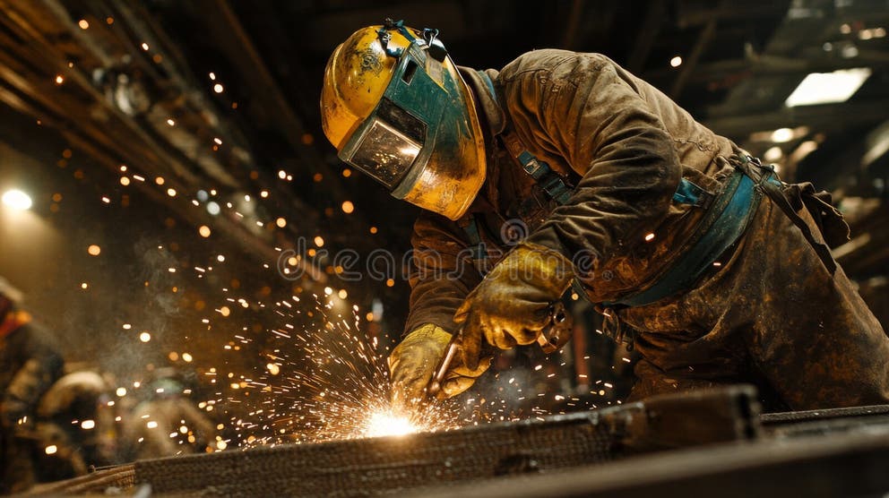 Industrial Welder at Work in Dark Factory Setting Stock Illustration ...