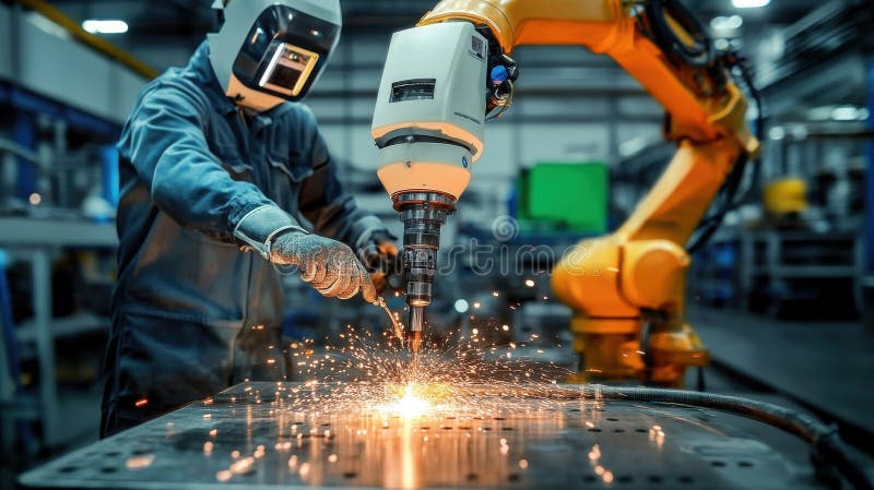 Industrial Welding Operation with Robotic Arm and Protective Gear Close ...