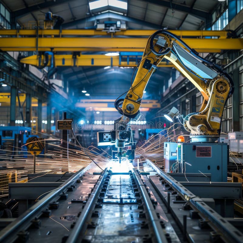 Industrial Welding Robots, Futuristic Machines in Production Line ... Industrial Welding Robots, Futuristic Machines in Production Line ...