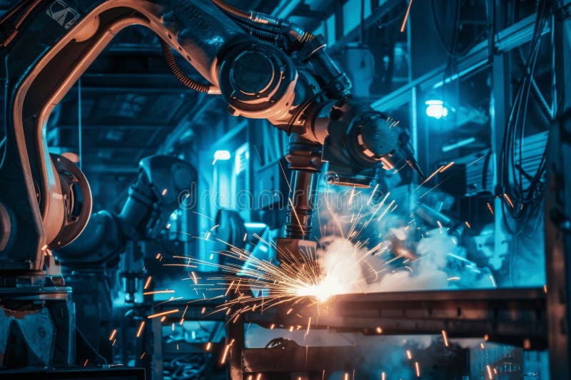 Industrial Welding Robots, Futuristic Machines in Production Line ... Industrial Welding Robots, Futuristic Machines in Production Line ...