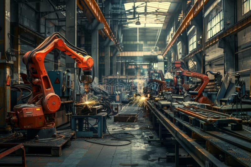 Industrial Welding Robots, Futuristic Machines in Production Line ... Industrial Welding Robots, Futuristic Machines in Production Line ...