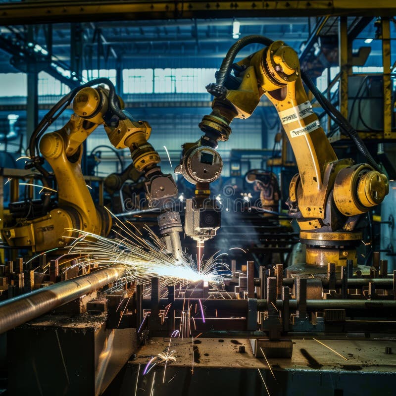 Industrial Welding Robots, Futuristic Machines in Production Line ... Industrial Welding Robots, Futuristic Machines in Production Line ...