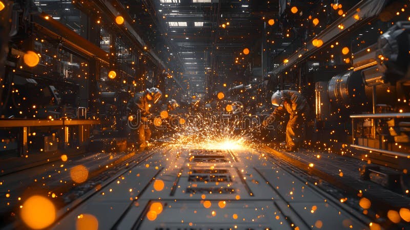 Industrial Welding Scene with Sparks in a Factory Setting Stock Photo ...
