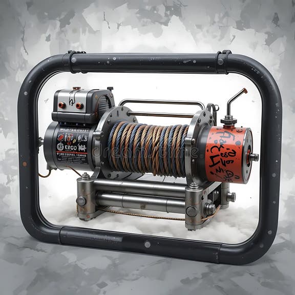 Industrial Winch Machine with Cable Spool in Metal Frame Illustration ...