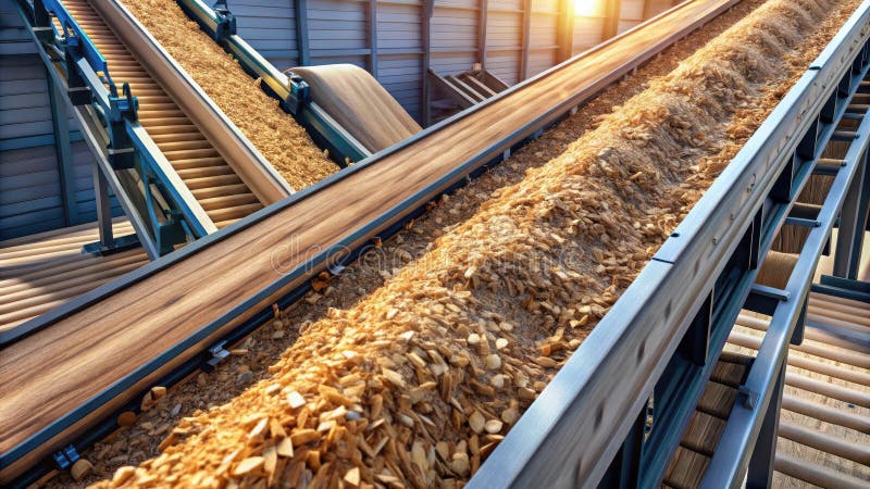 Industrial Wood Processing Conveyor Belts Transporting Wood Chips in a ...