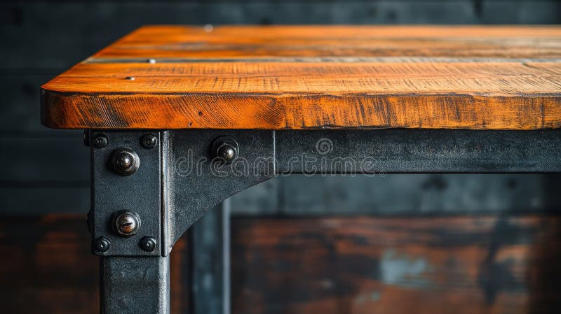 Industrial Wooden Table with Metal Frame and Rivets Stock Image - Image ...
