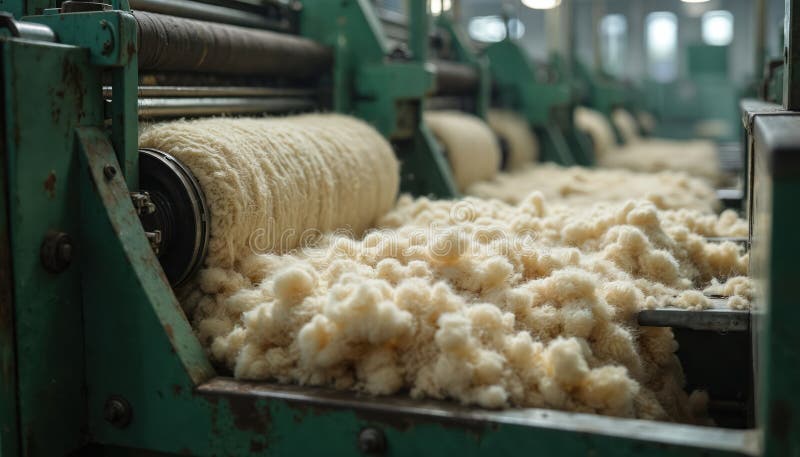 Industrial Wool Processing Machinery at Textile Factory. Raw Wool Transforms into Thread Using ...