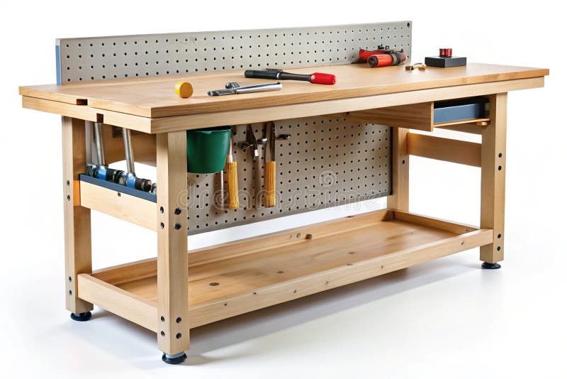 Industrial Workbench with a Pegboard Back, Several Hand Tools Organized ...