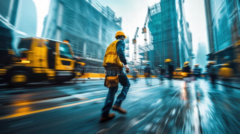 Industrial Worker in Action Amidst Urban Construction Landscape Stock ...