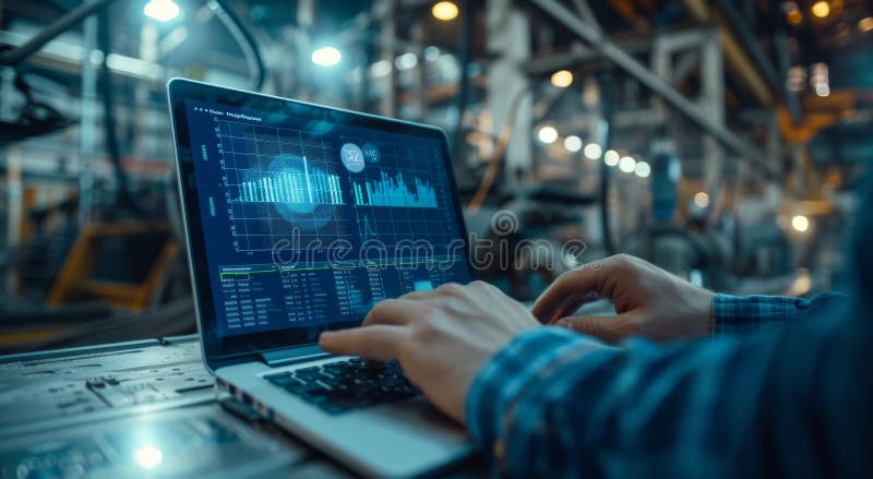 Industrial Worker Analyzing Data on Laptop in Factory Environment Stock ...