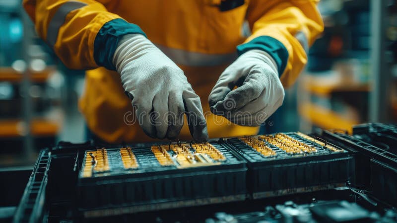 Industrial Worker Assembling Battery Packs in Manufacturing Facility ...