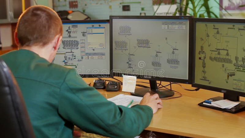 Industrial Worker in Control Room Production Plant Stock Footage ...
