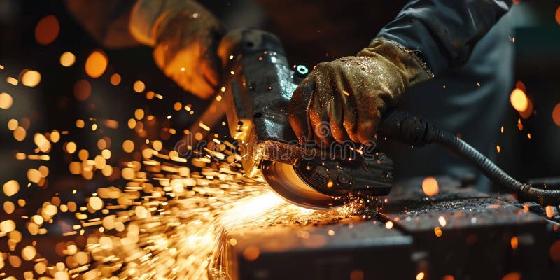 Industrial Worker Cutting Metal with Grinder in Workshop. Generative Ai ...