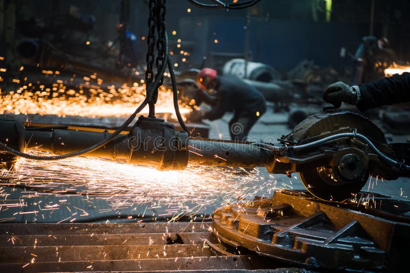 Industrial Worker Cutting and Welding Metal with Many Sharp Sparks ...