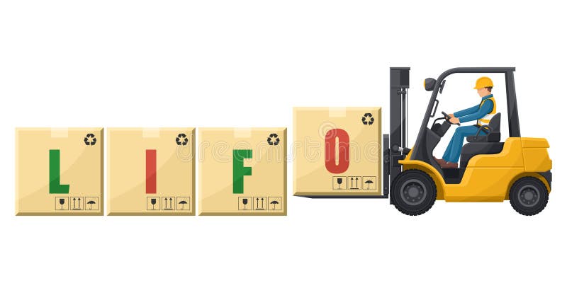 Industrial Worker Driving a Forklift Loading Boxes. LIFO System. Last ...