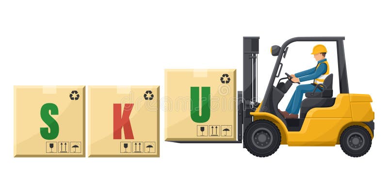 Industrial Worker Driving a Forklift Loading Boxes. SKU, Stock Keeping ...