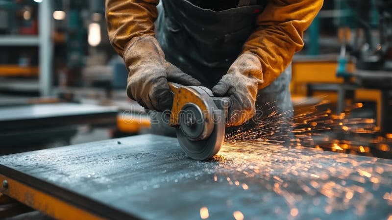 Industrial Worker Grinding Metal To Create Sparks in Workshop Setting ...