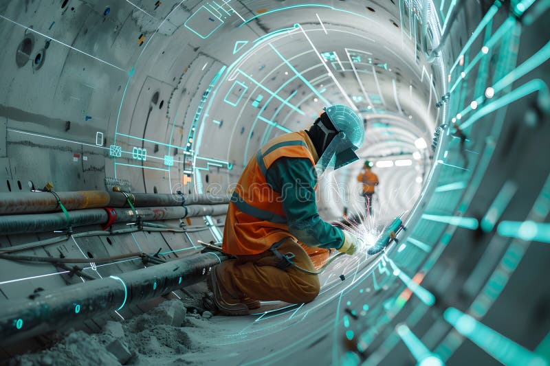Industrial Worker Inspecting Infrastructure in a Futuristic Tunnel ...