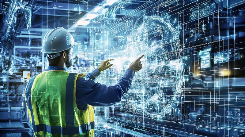 Industrial Worker Interacting with Holographic Display in a High-tech ...