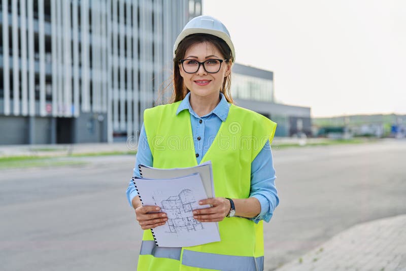 Industrial Worker Female Builder with Working Documents Looking at ...