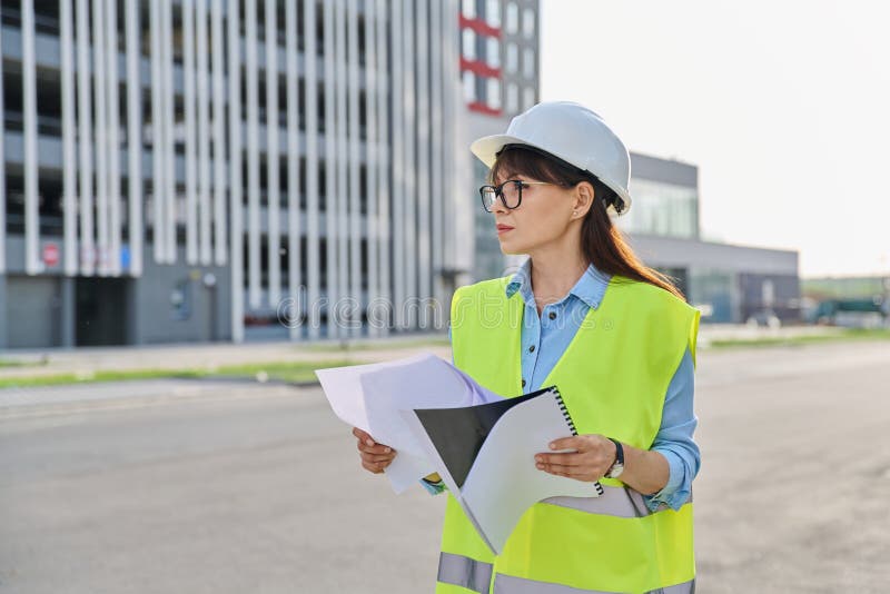 Industrial Worker Female Builder with Working Documents, Outdoor ...