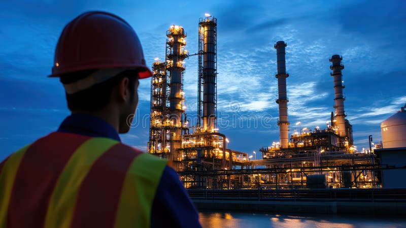 Industrial Worker Observing Energy Infrastructure at Dusk, Ensuring ...
