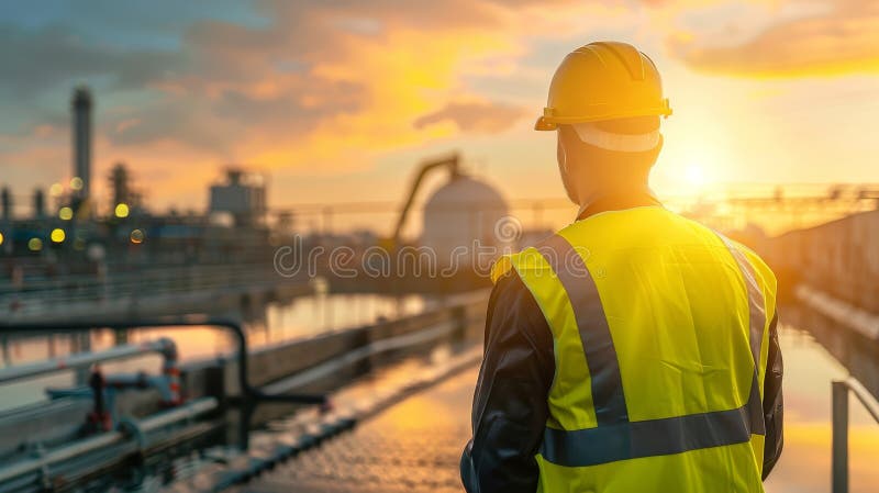 Industrial Worker Observing Sunset at Plant Stock Illustration ...