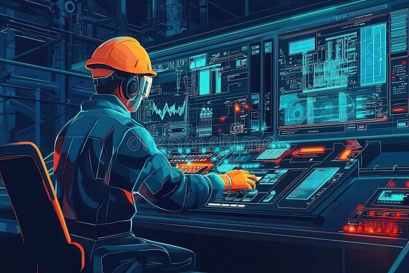 Industrial Worker Operating High-Tech Control Panel in Modern Factory ...
