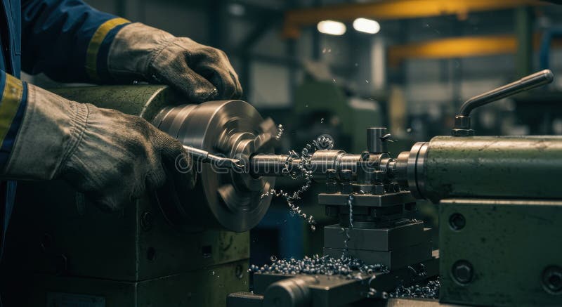 Industrial Worker Operating a Lathe, Machining a Metal Component in a ...